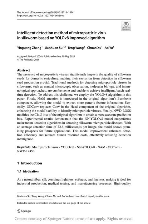 Pdf Intelligent Detection Method Of Microparticle Virus In Silkworm Based On Yolov8 Improved