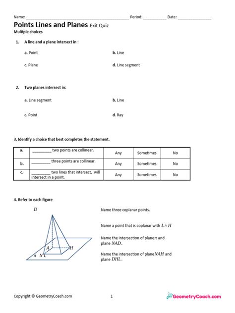 1 2 Exit Quiz Points Lines And Planes Pdf Line Geometry Geometric Shapes
