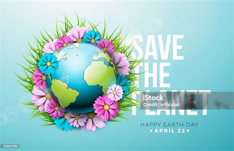 지구를 구하세요 해피 지구의 날 그림 파란색 배경에 봄 꽃 4월 22일 세계지도 타이포그래피 레터링이 있는 환경 및 생태 개념 엽서 배너 인사말 카드 전단지 초대장 브로셔