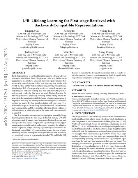 Pdf L2r Lifelong Learning For First Stage Retrieval With Backward Compatible Representations