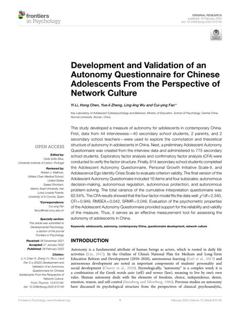 Pdf Development And Validation Of An Autonomy Questionnaire For Chinese Adolescents From The