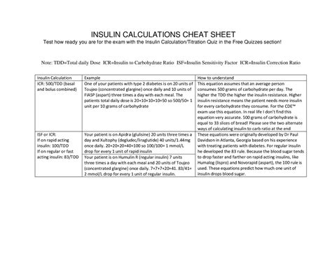 Insulin Calculation Cheat Sheet Docsity