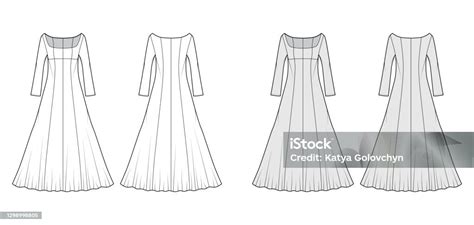 원피스 이브닝 테크니컬 패션 일러스트와 스쿱 넥 맥시 플로어 길이 몸에 맞는 원형 의 충만 0명에 대한 스톡 벡터 아트 및 기타 이미지 Istock