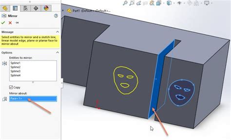 mirror sketch entities using reference planes and planar faces