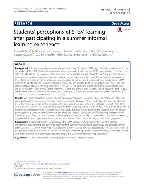 Pdf Students Perceptions Of Stem Learning After Participating In A