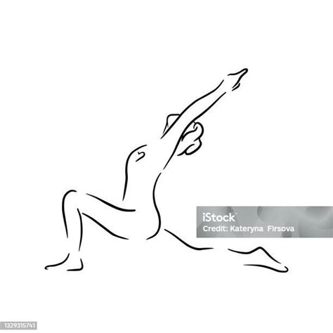 요가 전사 포즈 Virabhadrasana에서 인간을 양식화 리나트 스타일의 벡터 일러스트레이션 요가 포즈 플랫 라인 아이콘 쉬운 포즈 핸드 리그 일러스트에 여자의 간단한