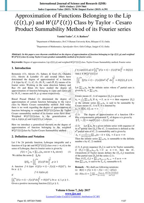 Pdf Approximation Of Functions Belonging To The Lip 𝜉 𝑡 𝑝 And 𝑊 𝐿𝑝 𝜉 𝑡 Class By Taylor