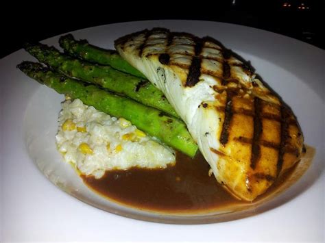 Grilled Halibut With A Charred Corn Risotto And Asparagus