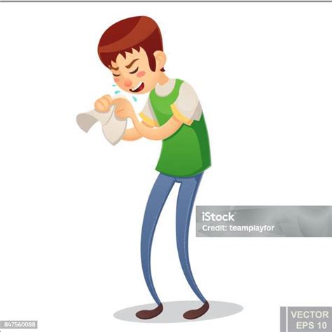 벡터아픈 사람입니다 불행 한 캐릭터입니다 벡터 만화 그림입니다 손에 손수건으로 십 대 소년입니다 계절 알레르기 만화 일러스트 레이 션 계절에 대한 스톡 벡터 아트 및 기타