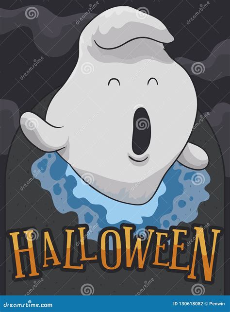 Cute Drowsy Ghost Preparing To Celebrate Halloween Vector Illustration