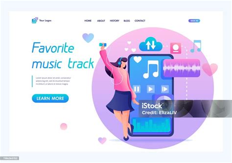 모바일 앱을 통해 휴대 전화에서 좋아하는 음악을 듣고 젊은 십대 소녀 방문 페이지 개념 및 웹 디자인 디자인에 대한 스톡 벡터 아트 및 기타 이미지 Istock
