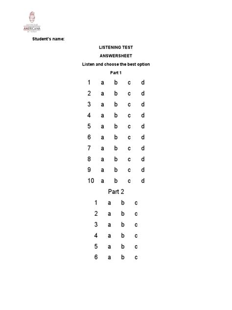 Listening Answersheet Pdf