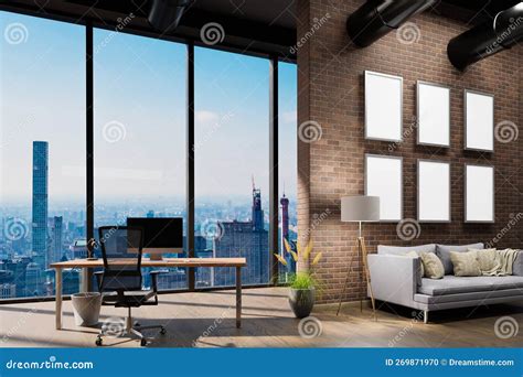 Large Urban Skyline Loft Office White Wall And Canvas Mock Up Copy