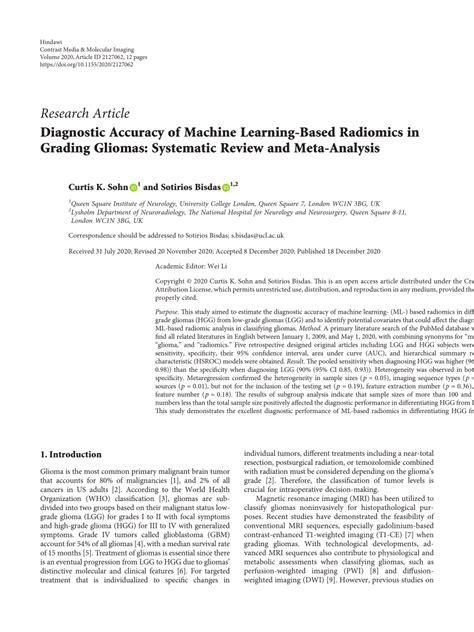 Pdf Diagnostic Accuracy Of Machine Learning Based Radiomics In Grading Gliomas Systematic