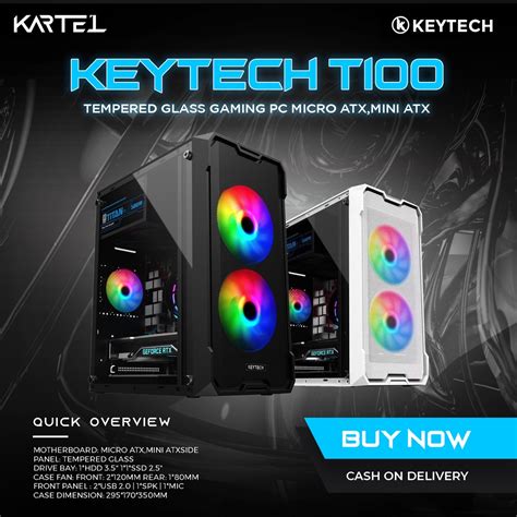 KEYTECH T100 TEMPERED GLASS Side MESH Front Panel Gaming PC Case Black White Desktop Computer