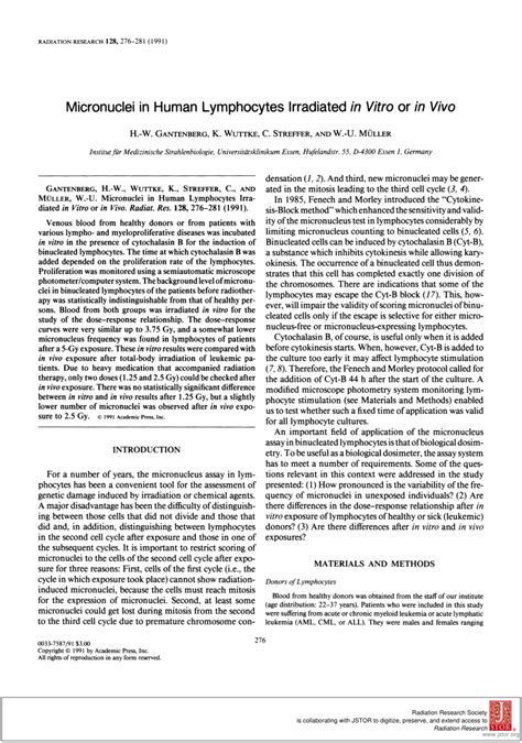 Pdf Micronuclei In Human Lymphocytes Irradiated In Vitro Or In Vivo