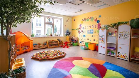 Bright and Colorful Kindergarten Interior Classroom with Learning ...