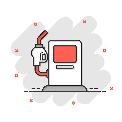 만화 스타일에서 연료 펌프 아이콘 주유소 만화 기호 벡터 일러스트 레이 션 흰색 격리 된 배경 가솔린 스플래시 효과 비즈니스 개념 프리미엄 벡터