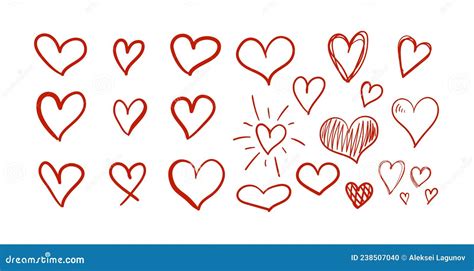 Vector Set Of Hand Drawn Red Hearts Freehand Drawings Isolated On