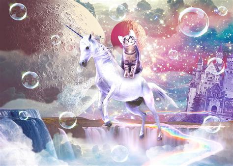 Rainbow Galaxy Cat Riding Unicorn In Space Digital Art By Johnnie Art