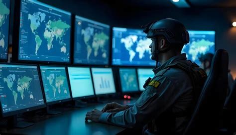 A Military Operator Observes A Multi Screen Control Room Premium Ai Generated Image