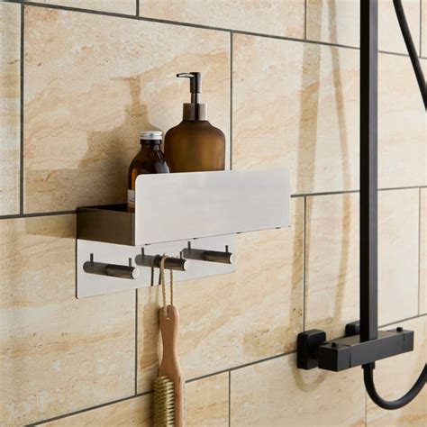 Hotel Black Chrome In Shower Shelf With Hooks Dunelm