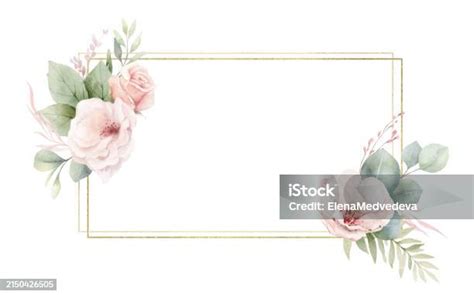수채화 사각형 꽃 프레임 와 황금 기하학적 모양 더스티 핑크 장미 꽃 유칼립투스 잎 청첩장 인사말 카드를 위한 단풍 배열 손으로
