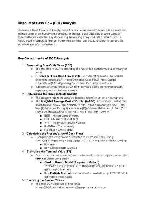 Discounted Cash Flow Dcf Analysis Discounted Cash Flow Dcf
