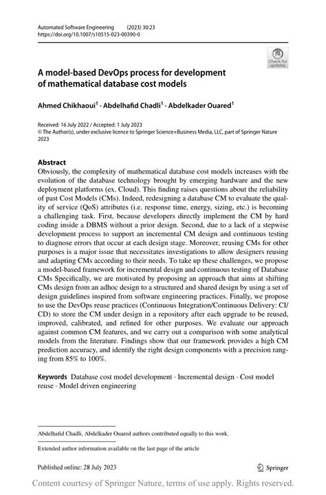 A Model Based Devops Process For Development Of Mathematical Database Cost Models