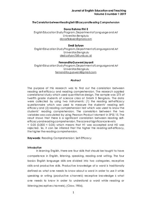 Pdf The Correlation Between Reading Self Efficacy And Reading Comprehension