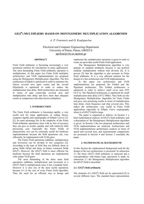 Pdf Gf2k Multipliers Based On Montgomery Multiplication Algorithm