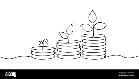 Coins Stack With Leaves Branch Continuous One Line Drawing Business Investing Concept Vector