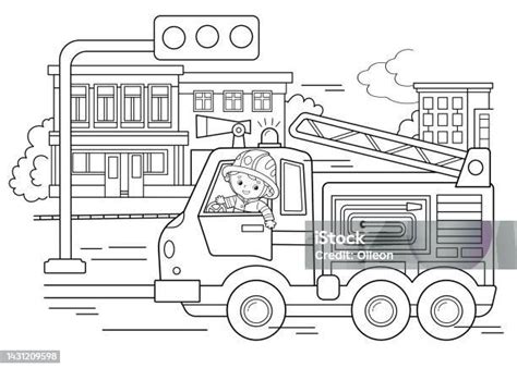 색칠 공부 페이지 소방관이나 소방관이있는 만화 소방차의 개요 전문 운송 아이들을위한 색칠 공부 책 교육에 대한 스톡 벡터 아트 및 기타 이미지 Istock
