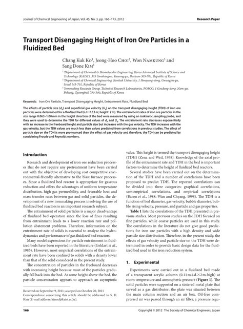 pdf transport disengaging height of iron ore particles in a fluidized bed