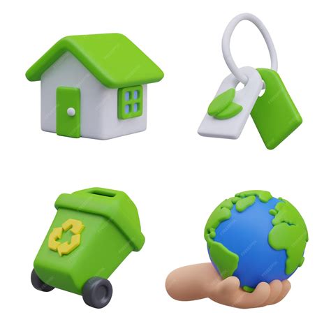 녹색 지붕 라벨과 잎 쓰레기통과 재활용 상징인 인간의 손에 있는 지구를 가진 D 집 프리미엄 벡터