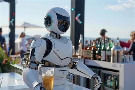 Premium Photo A Robot Bartender Serving Drinks At A Rooftop Part Generative Ai