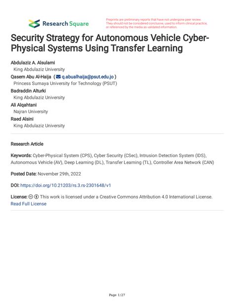 Pdf Security Strategy For Autonomous Vehicle Cyber Physical Systems Using Transfer Learning