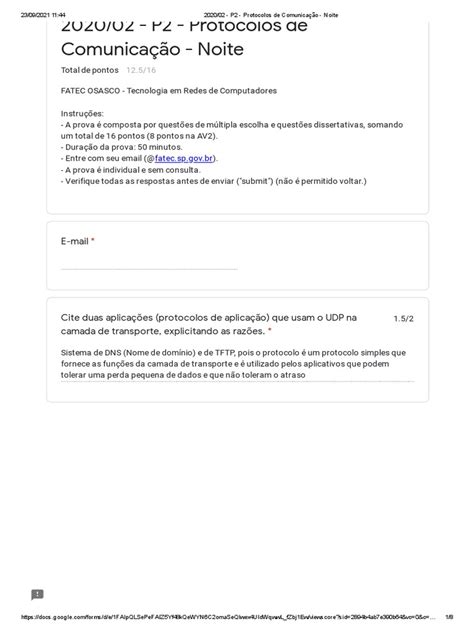 2020 02 P2 Protocolos De Comunicação Noite Pdf Roteador