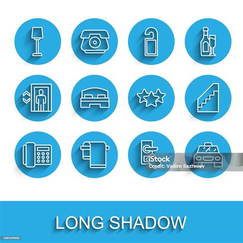 회선 전화 핸드셋 수건 걸이 테이블 램프 디지털 도어록 택시 자동차 호텔 객실 침대 계단 및 별 등급 아이콘을 설정합니다 벡터 1위에 대한 스톡 벡터 아트 및 기타 이미지