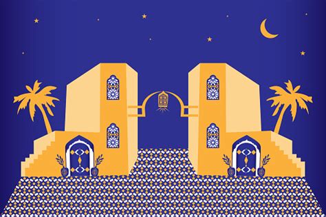 모로코 장면 세트 집 문 창문 및 전통적인 모자이크 패턴 이슬람 창과 문 모양 세트 아랍어 문과 창문의 실루엣은 파란색과