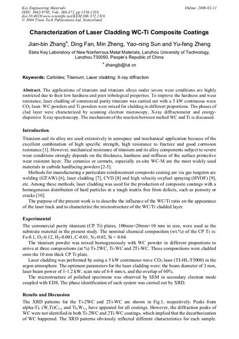 Characterization Of Laser Cladding Wc Ti Composite Coatings Scientific Net