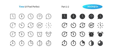 Ui 픽셀 완벽 한 잘 만들어진 벡터 얇은 선 및 고체 아이콘 30 2 시간 웹 그래픽 및 애플 리 케이 션에 대 한 표 X