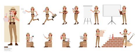고고학자 여자의 큰 세트는 갈색 양복 캐릭터 벡터 일러스트 레이 션을 착용합니다 다양한 동작으로 프레젠테이션합니다 검색에 대한 스톡 벡터 아트 및 기타 이미지 Istock
