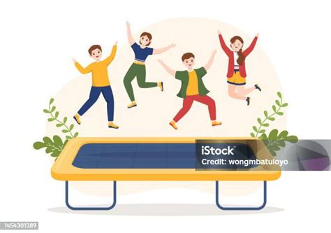 트램폴린 그림 손으로 그린 플랫 만화 여름 야외 활동 배경 템플릿에서 트램폴린에 점프 건강한 생활방식에 대한 스톡 벡터 아트 및 기타 이미지 건강한 생활방식 날기