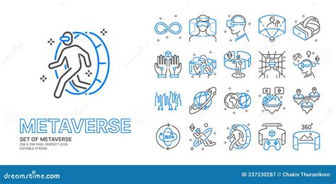 Metaverse Blue Line Icon Set with VR, Virtual Reality, Game Metaverse Concept More, Pixel ...