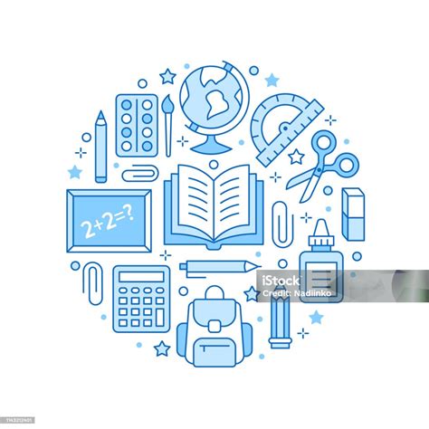 학교 용품 라인 아이콘을 설정 동그라미 템플릿입니다 연구 도구 블루 포스터글로브 계산기 책 연필 가 위 통치자 노트북 벡터