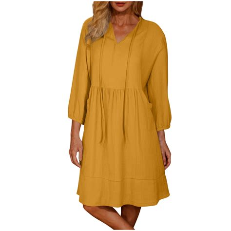 Smihono Linen Dresses For Women 2025 Casual Summer Cotton Linen Dress Tunic Flowy Mini Sundress