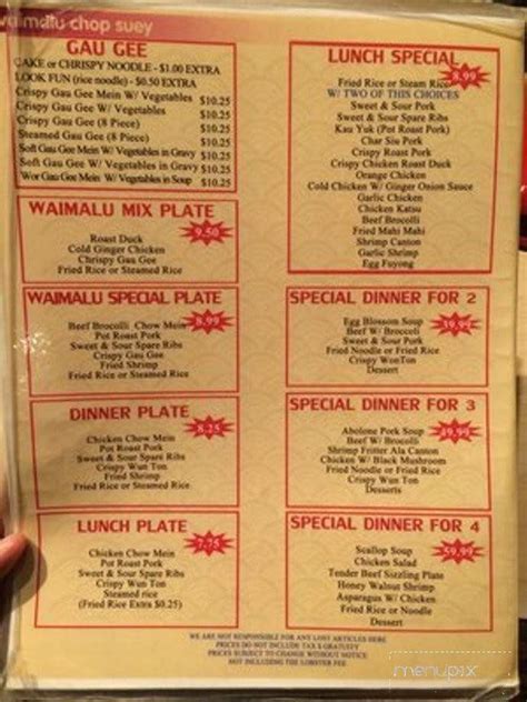 Menu Of Waimalu Chop Suey In Aiea Hi 96701