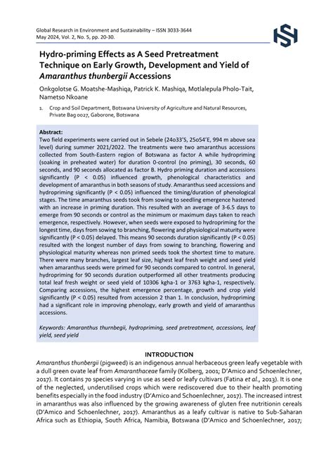 Pdf Hydro Priming Effects As A Seed Pretreatment Technique On Early Growth Development And