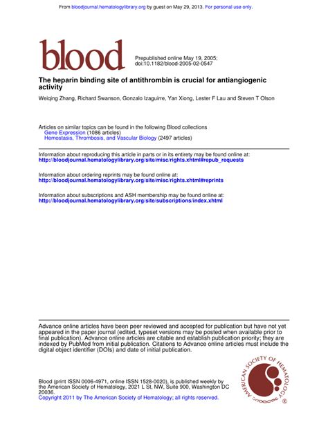 Pdf The Heparin Binding Site Of Antithrombin Is Crucial For Antiangiogenic Activity